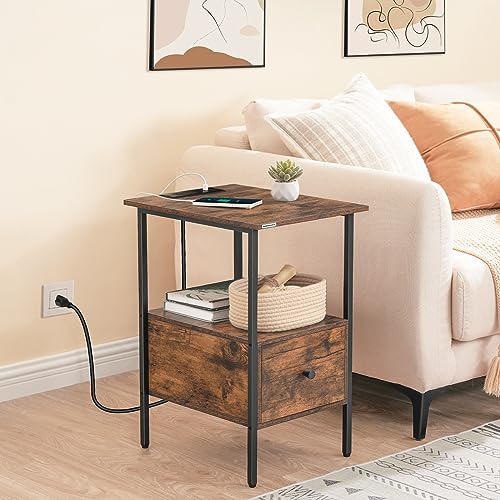 MAHANCRIS 2 End Table with Charging Station, Side Table with Imitation Rattan Drawer, 17.3-Inch Bedside Table with Wooden Drawer, Stable Beside Table, Narrow Side Table for Bedroom ETHR44E01-ETHB73E01