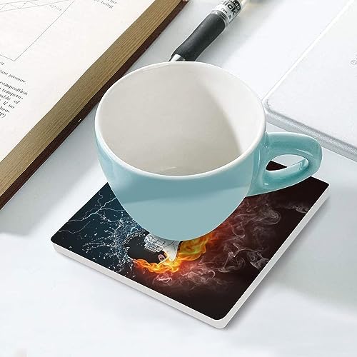 Electric Guitar in Fire and Water Square Ceramic Coasters for Drink Absorbent Coffee Cup Cork Holders Table Modern Decorative