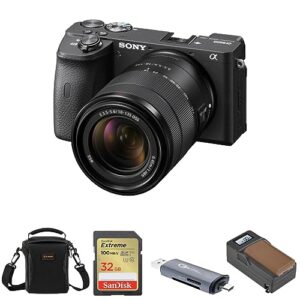 sony alpha a6600 camera with 18-135mm lens, bundle with 32gb memory card & reader, extra battery & charger, carrying case