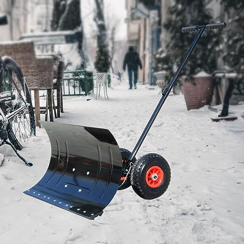 WeiLaiKeQi Wheeled Snow Pusher Snow Plow Multi Angle Winter Snow Pusher Rolling Removal Tool for Clearing Pavement Sidewalk Walkways Driveway, Wheels 74x42cm