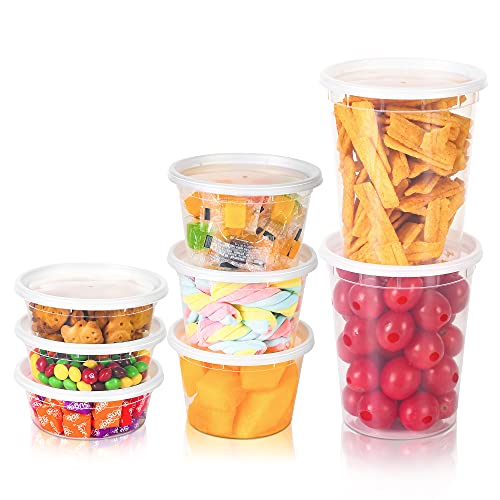 NutriBox [44 Pack] Three Sizes Food Storage Plastic Deli Containers with Airtight Lids 8 oz, 16 oz, 32 oz, BPA Free, Reusable, Microwaveable, Dishwasher, Freezer Round Clear Takeout Containers