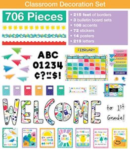 carson dellosa happy place classroom bright classroom decor bundle, classroom calendar & welcome bulletin board, bulletin board letters, classroom decor set, motivational poster set (706 pc)