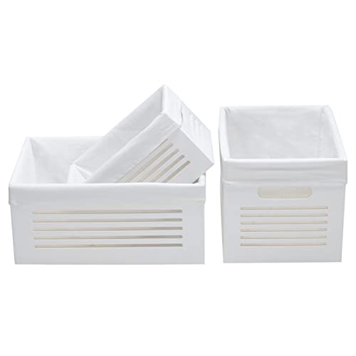 Creative Scents Wooden Crates for Storage - Set Of 3 Sizes Nesting Wood Crates with Removable Fabric Liner, Cutout Handles and Breathable Holes - The Best Sizes Chosen for Home Storage Bins (White)