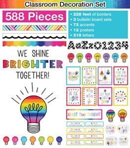 schoolgirl style light bulb moments classroom decor bundle, classroom calendar, growth mindset bulletin board sets, bulletin board border, cutouts, nameplates, motivational poster pack (588 pc)