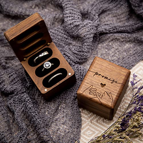 MUUJEE Pinky Promise 3 Slot Ring Box - Engraved Triple Wooden Ring Case Box for Wedding Ceremony Ring Bearer Box -Birthday Gift Ideas