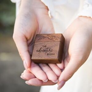 MUUJEE The Adventure Begins Slim Engagement Ring Box - Engraved Wooden Ring Box for Wedding Ceremony Engagement Proposal Ring Bearer Box - Anniversary Birthday Gift Ideas