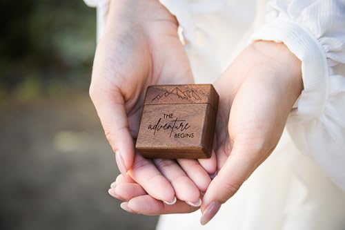 MUUJEE The Adventure Begins Slim Engagement Ring Box - Engraved Wooden Ring Box for Wedding Ceremony Engagement Proposal Ring Bearer Box - Anniversary Birthday Gift Ideas