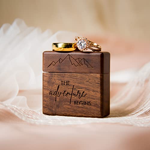 MUUJEE The Adventure Begins Slim Engagement Ring Box - Engraved Wooden Ring Box for Wedding Ceremony Engagement Proposal Ring Bearer Box - Anniversary Birthday Gift Ideas