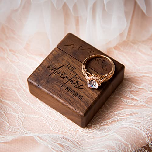 MUUJEE The Adventure Begins Slim Engagement Ring Box - Engraved Wooden Ring Box for Wedding Ceremony Engagement Proposal Ring Bearer Box - Anniversary Birthday Gift Ideas