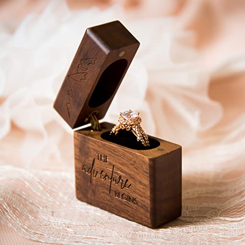 MUUJEE The Adventure Begins Slim Engagement Ring Box - Engraved Wooden Ring Box for Wedding Ceremony Engagement Proposal Ring Bearer Box - Anniversary Birthday Gift Ideas