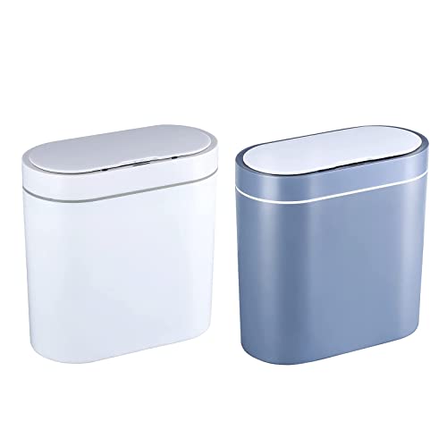 ELPHECO Bundles of Two 2.5 Gallon Waterproof Motion Sensor Small Trash Can with Lid, Slim Plastic Narrow Bedroom Garbage Can, White and Navy Blue for Kitchen and Bathroom use