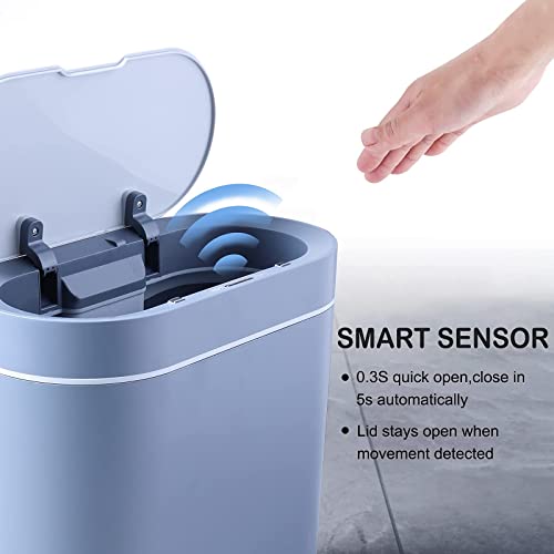 ELPHECO Bundles of Two 2.5 Gallon Waterproof Motion Sensor Small Trash Can with Lid, Slim Plastic Narrow Bedroom Garbage Can, White and Navy Blue for Kitchen and Bathroom use