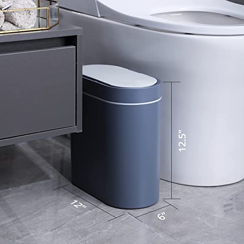 ELPHECO Bundles of Two 2.5 Gallon Waterproof Motion Sensor Small Trash Can with Lid, Slim Plastic Narrow Bedroom Garbage Can, White and Navy Blue for Kitchen and Bathroom use