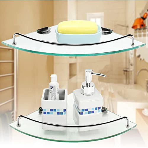 WAKLOND Bathroom Shelves, 2-Tier Glass Corner Shelf Wall Mounted,Corner Shower Shelf Tempered Glass Shelf for Storing Seasoning Bottle/Brush/Shower Gel/Soap/Shampoo (Silver) (Sliver-2)