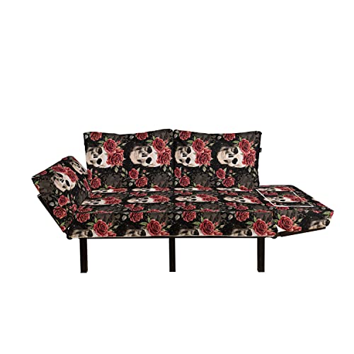 Lunarable Halloween Futon Couch, Mexican Sugar Skull Rose Bouquets Spooky Traditional Humour Culture, Daybed with Metal Frame Upholstered Sofa for Living Dorm, Loveseat, Black Grey Ruby