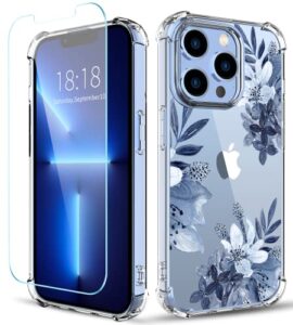 ilnehc flower pattern designed for iphone 13 pro max case[with screen protector], floral clear women phone case shockproof protective soft tpu bumper cover 6.7 inch 2021