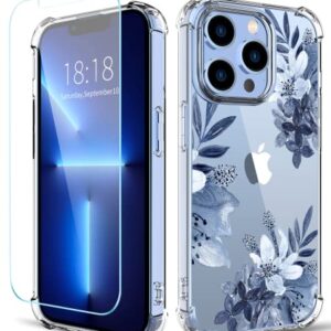 ilnehc Flower Pattern Designed for iPhone 13 Pro Max Case[with Screen Protector], Floral Clear Women Phone Case Shockproof Protective Soft TPU Bumper Cover 6.7 Inch 2021