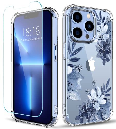 ilnehc Flower Pattern Designed for iPhone 13 Pro Max Case[with Screen Protector], Floral Clear Women Phone Case Shockproof Protective Soft TPU Bumper Cover 6.7 Inch 2021