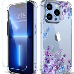 ilnehc Flower Pattern Designed for iPhone 13 Pro Max Case[with Screen Protector], Floral Clear Women Phone Case Shockproof Protective Soft TPU Bumper Cover 6.7 Inch 2021(Lavender/Purple)