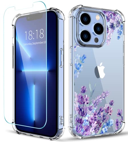 ilnehc Flower Pattern Designed for iPhone 13 Pro Max Case[with Screen Protector], Floral Clear Women Phone Case Shockproof Protective Soft TPU Bumper Cover 6.7 Inch 2021(Lavender/Purple)