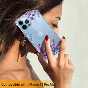 ilnehc Flower Pattern Designed for iPhone 13 Pro Max Case[with Screen Protector], Floral Clear Women Phone Case Shockproof Protective Soft TPU Bumper Cover 6.7 Inch 2021(Lavender/Purple)