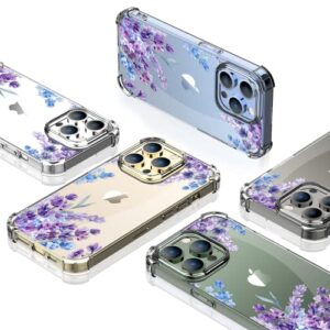 ilnehc Flower Pattern Designed for iPhone 13 Pro Max Case[with Screen Protector], Floral Clear Women Phone Case Shockproof Protective Soft TPU Bumper Cover 6.7 Inch 2021(Lavender/Purple)