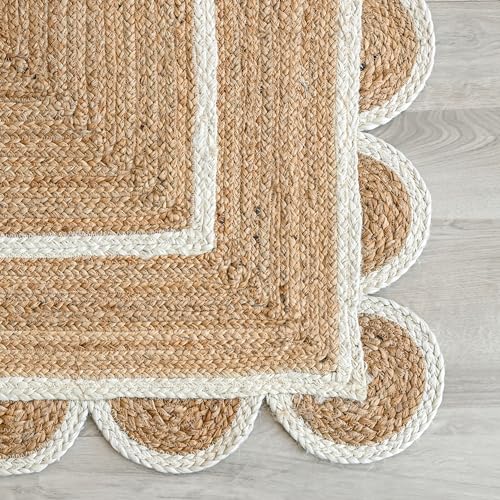 Weaving Village Scalloped Natural Jute Area Rug, Natural Base Off White Trim, 3x5