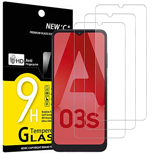 NEW'C Pack of 3, Glass Screen Protector for Samsung Galaxy A03 / A03s, Anti-Scratch, Anti-Fingerprints, Bubble-Free, 9H Hardness, 0.33mm Ultra Transparent, Ultra Resistant Tempered Glass