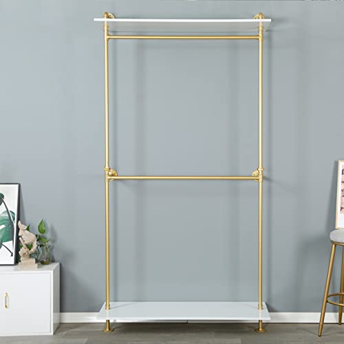 MDEPYCO Modern Simple Industrial 2 Tier Wood and Pipe Double Hanging Rods Clothing Garment Rack,Retail Display Wall Mounted Storage Clothes Hanging Shelf,(One Shelves,Gold, 47.2" L)