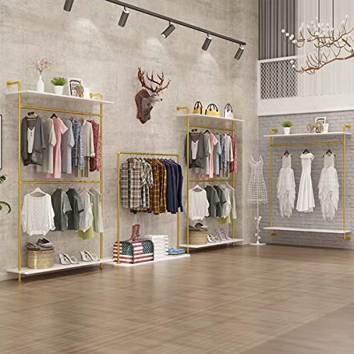 MDEPYCO Modern Simple Industrial 2 Tier Wood and Pipe Double Hanging Rods Clothing Garment Rack,Retail Display Wall Mounted Storage Clothes Hanging Shelf,(One Shelves,Gold, 47.2" L)