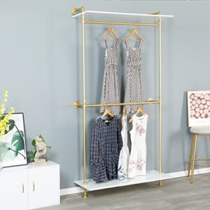 MDEPYCO Modern Simple Industrial 2 Tier Wood and Pipe Double Hanging Rods Clothing Garment Rack,Retail Display Wall Mounted Storage Clothes Hanging Shelf,(One Shelves,Gold, 47.2" L)