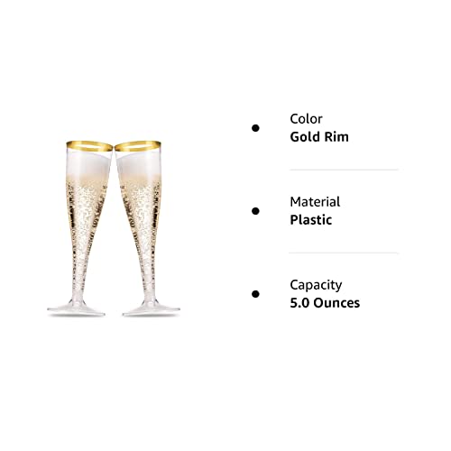 Munfix 50 Pack Gold Rimmed Plastic Champagne Flutes 5 Oz Clear Plastic Toasting Glasses Fancy Disposable Wedding Party Cocktail Cups with Gold Rim