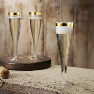 Munfix 50 Pack Gold Rimmed Plastic Champagne Flutes 5 Oz Clear Plastic Toasting Glasses Fancy Disposable Wedding Party Cocktail Cups with Gold Rim