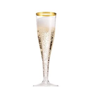 Munfix 50 Pack Gold Rimmed Plastic Champagne Flutes 5 Oz Clear Plastic Toasting Glasses Fancy Disposable Wedding Party Cocktail Cups with Gold Rim