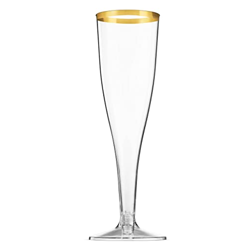 Munfix 50 Pack Gold Rimmed Plastic Champagne Flutes 5 Oz Clear Plastic Toasting Glasses Fancy Disposable Wedding Party Cocktail Cups with Gold Rim