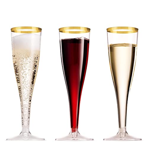 Munfix 50 Pack Gold Rimmed Plastic Champagne Flutes 5 Oz Clear Plastic Toasting Glasses Fancy Disposable Wedding Party Cocktail Cups with Gold Rim