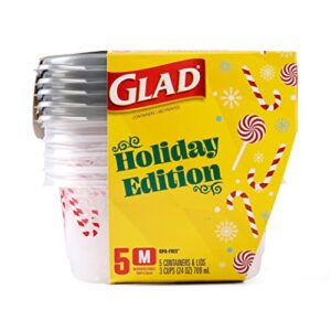 gladware soup & salad medium rectangle holiday edition food storage containers with lids | 24 oz holiday containers with silver lids & candy cane design, 5ct | airtight food storage containers