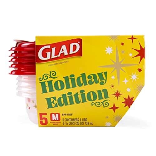 GladWare Medium Entrée Square Holiday Food Storage Containers with Lids | 25 oz Holiday Containers with Red Star Design, 5 Count Set | Airtight Food Storage Containers for Food