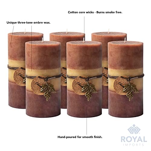 Royal Imports 3" x 6" Pillar Candles for Fall, Thanksgiving Holiday Décor, Rustic Farmhouse Wedding & Home Decoration, Unscented Dripless & Smokeless, Set of 6, Brown Autumn Ombre Wax