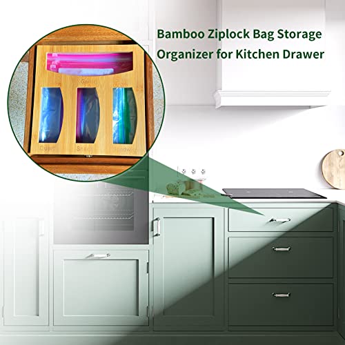 SOGUAOLO Bamboo Ziplock Bag Storage Organizer and Dispenser for Kitchen Drawer–Food Storage Bag Holders Compatible With Gallon, Quart, Sandwich & Snack Variety Size Bags.