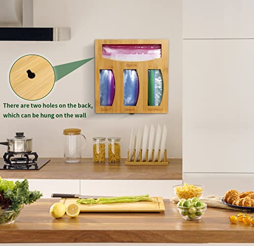 SOGUAOLO Bamboo Ziplock Bag Storage Organizer and Dispenser for Kitchen Drawer–Food Storage Bag Holders Compatible With Gallon, Quart, Sandwich & Snack Variety Size Bags.