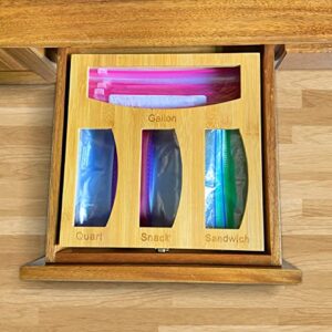 SOGUAOLO Bamboo Ziplock Bag Storage Organizer and Dispenser for Kitchen Drawer–Food Storage Bag Holders Compatible With Gallon, Quart, Sandwich & Snack Variety Size Bags.