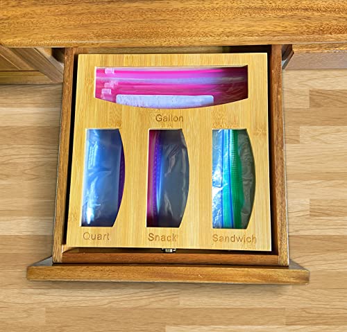 SOGUAOLO Bamboo Ziplock Bag Storage Organizer and Dispenser for Kitchen Drawer–Food Storage Bag Holders Compatible With Gallon, Quart, Sandwich & Snack Variety Size Bags.