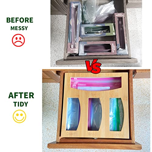 SOGUAOLO Bamboo Ziplock Bag Storage Organizer and Dispenser for Kitchen Drawer–Food Storage Bag Holders Compatible With Gallon, Quart, Sandwich & Snack Variety Size Bags.