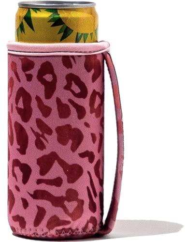 GoCuff Slim Can Cuff Covers Reusable Insulator with Handle: Neoprene Can Coosies with Insulated Sleeves For Soda, Energy drink, Beer, Hard Seltzer, other 12 oz Skinny Can Beverages (Pink Leopard)