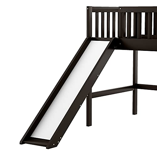 Low Loft Bed, Twin Size Low Loft Bed with Slide, Wood Twin Low Loft Bed Frame with Guardrails and Side Ladder for Kids Boys Girls Teens, No Box Spring Needed, Easy Assembly, Espresso