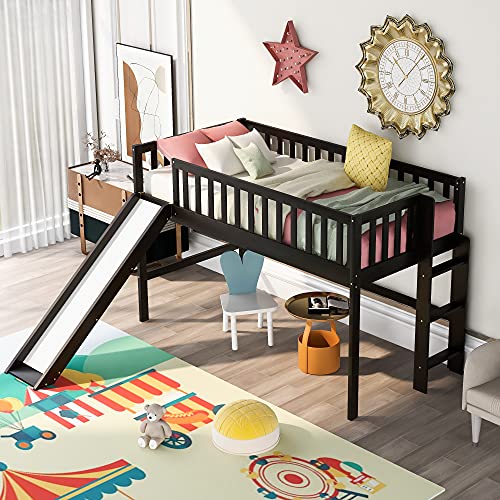 Low Loft Bed, Twin Size Low Loft Bed with Slide, Wood Twin Low Loft Bed Frame with Guardrails and Side Ladder for Kids Boys Girls Teens, No Box Spring Needed, Easy Assembly, Espresso