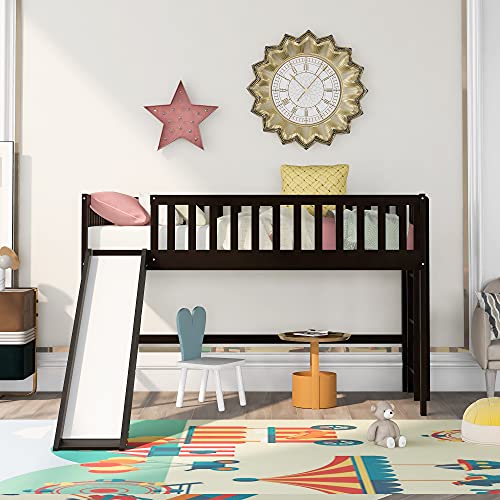 Low Loft Bed, Twin Size Low Loft Bed with Slide, Wood Twin Low Loft Bed Frame with Guardrails and Side Ladder for Kids Boys Girls Teens, No Box Spring Needed, Easy Assembly, Espresso