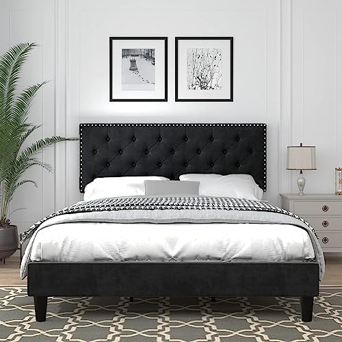 Catrimown Queen Bed Frame, Velvet Upholstered Bed Frame with Adjustable Button Tufted & Nailhead Trim Headboard, Wooden Slat Support/No Box Spring Needed/Easy Assembly, Black