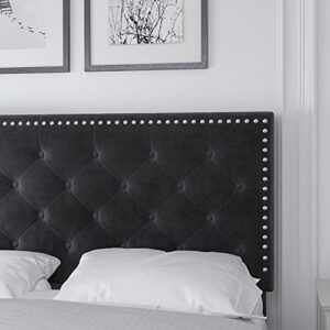 Catrimown Queen Bed Frame, Velvet Upholstered Bed Frame with Adjustable Button Tufted & Nailhead Trim Headboard, Wooden Slat Support/No Box Spring Needed/Easy Assembly, Black